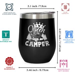 Joyloce Queen Of The Camper Wine Tumbler Coffee Mug Cup Wine Glass Stemless Tumblers With Lid Stainless Steel Insulated Vacuum RV Gifts For Women Camping Travel Outdoors 12 Oz