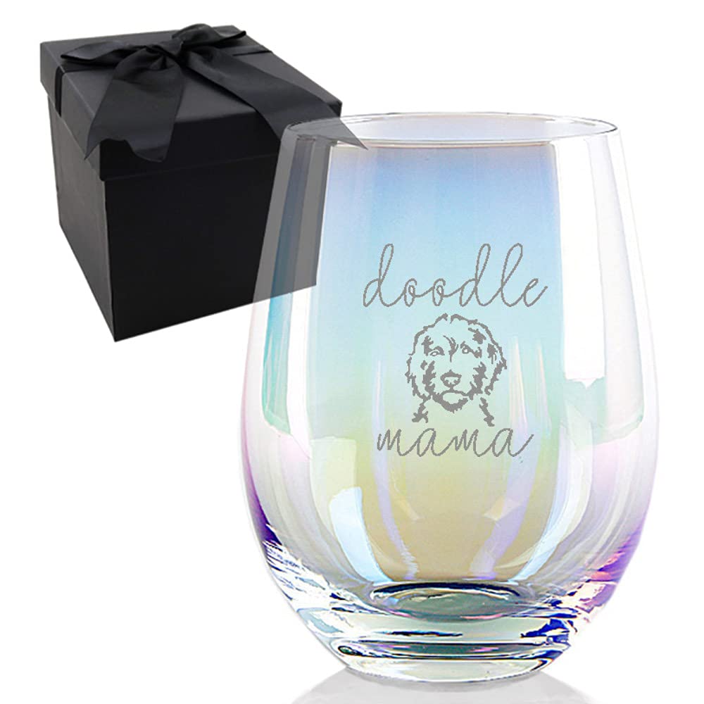 Osci-Fly Mothers Day Gifts for Doodle Mom, Goldendoodle Gifts Doodle Mom Handmade Rainbow Colorful Etched Wine Glass 18 Ounces