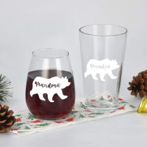 Grandpa Grandma Wine Glass Set, Grandma Bear Wine Glass Grandpa Bear Beer Glass for Grandparents, New Grandparents, Gift Idea for Birthday Christmas Mother's Day Baby Shower Baby Announcement, 15Oz