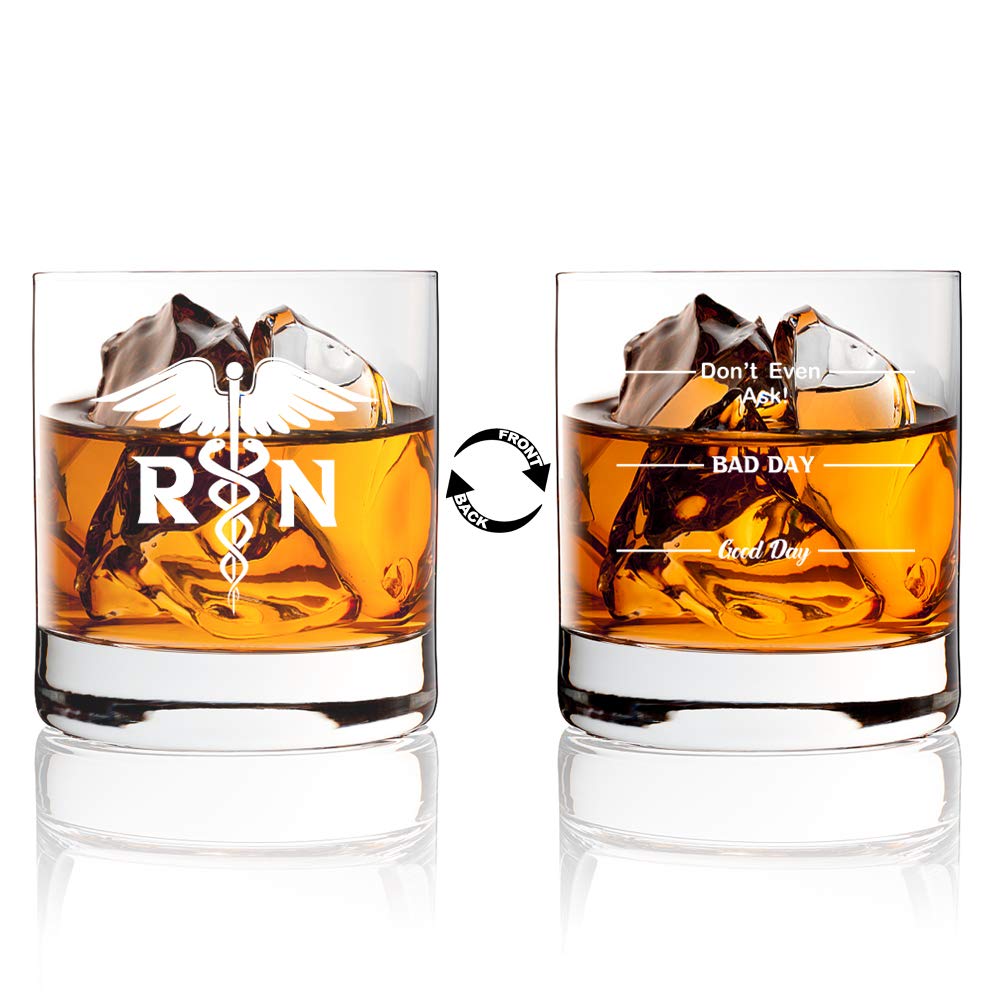 AGMdesign, Funny Double sided Good Day Bad Day Don't Even Ask RN Registered Nurse Whiskey Glasses, Registered Nurse Graduate Gift, Great Gift for Nurses, RN, or Nursing Graduation