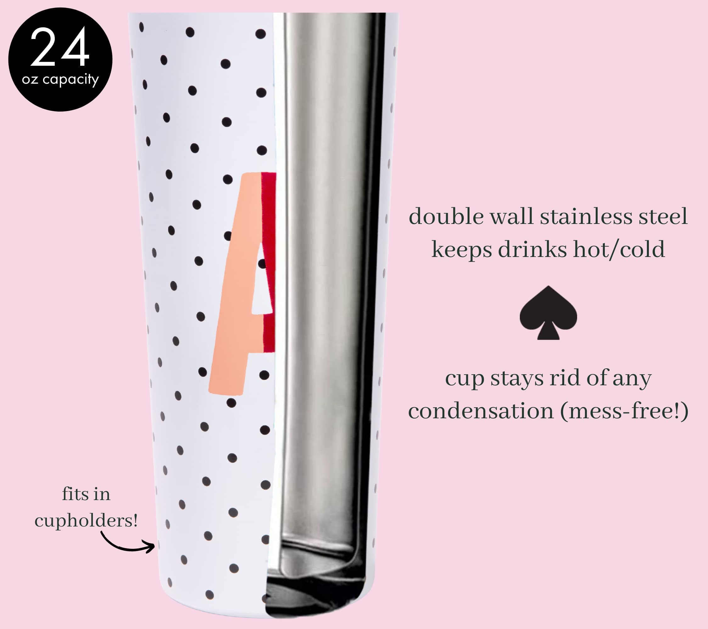 Kate Spade New York Cute Stainless Steel Mug, 24 Ounce Initial Travel Tumbler, Double Wall Insulated Cup with Lid, A (Pink)