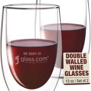 Eparé Stemless Wine Glasses - 13 oz Set of 2 Double-Walled Hand Blown No Stem Wine Glasses - Stemless Red & White Clear Wine Glass Tumblers for Wedding