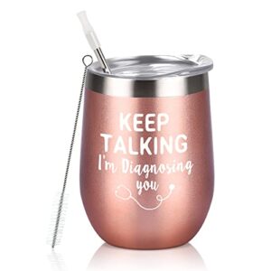 qtencas psychology gifts, keep talking i'm diagnosing you wine tumbler, speech language pathology gifts for psychologist therapist therapy school counselor, 12oz stainless steel tumbler, rose gold