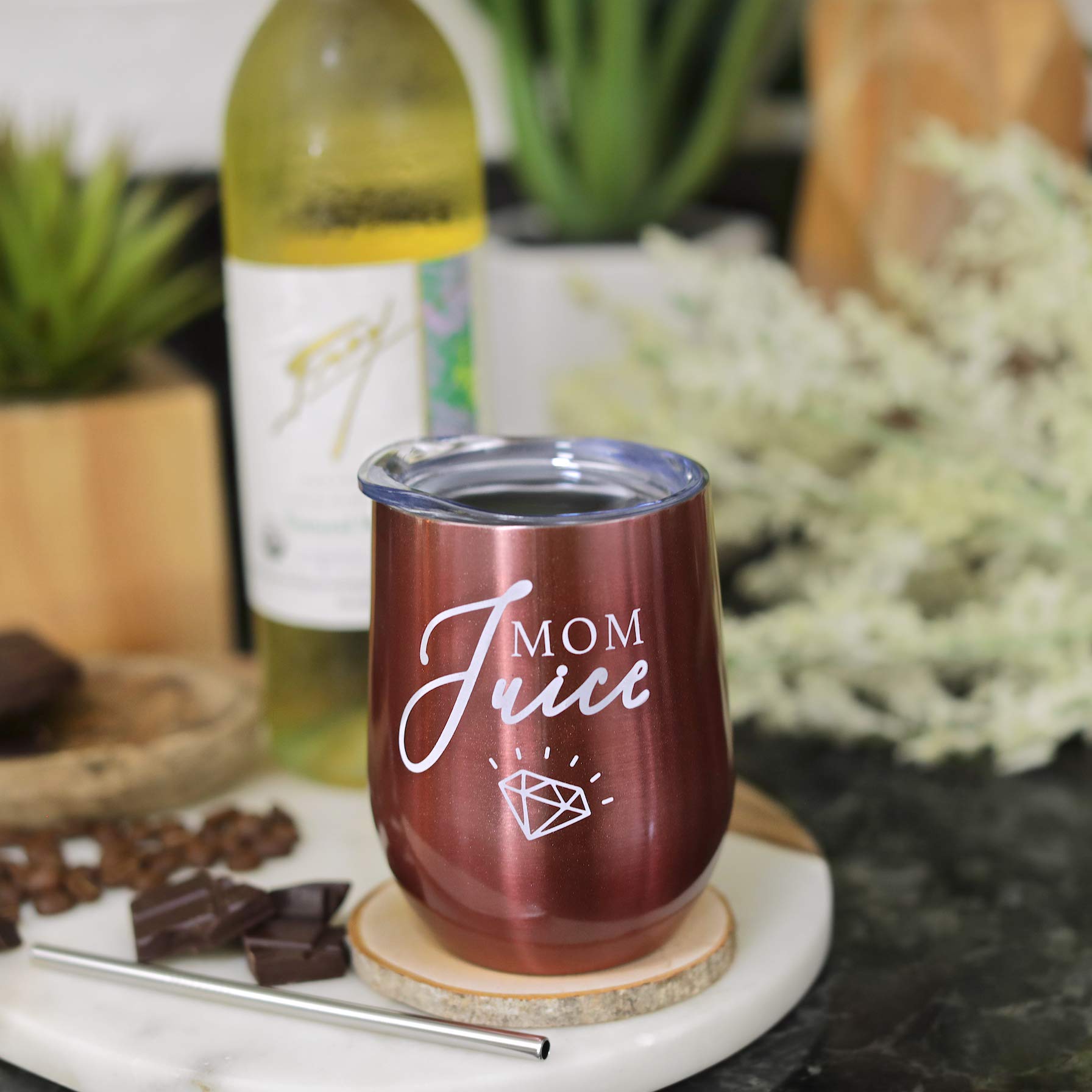 Mom Stainless Steel Wine Tumbler - 12oz with Steel Straw, BPA Free Lid, & Straw Cleaning Brush - Stemless Insulated Wine Tumbler with Lid - Gift for Mothers who Love Coffee, Tea - Mom Juice