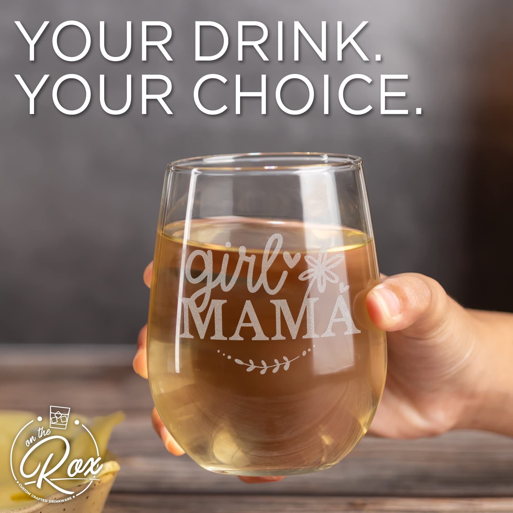 On The Rox Drinks Wine Gifts for Mom - 17Oz “Girl Mama” Engraved Stemless Wine Glass - Girl Mom Cup - Birthday, Mother’s Day Gifts for Mama - New Mom Gifts for Women