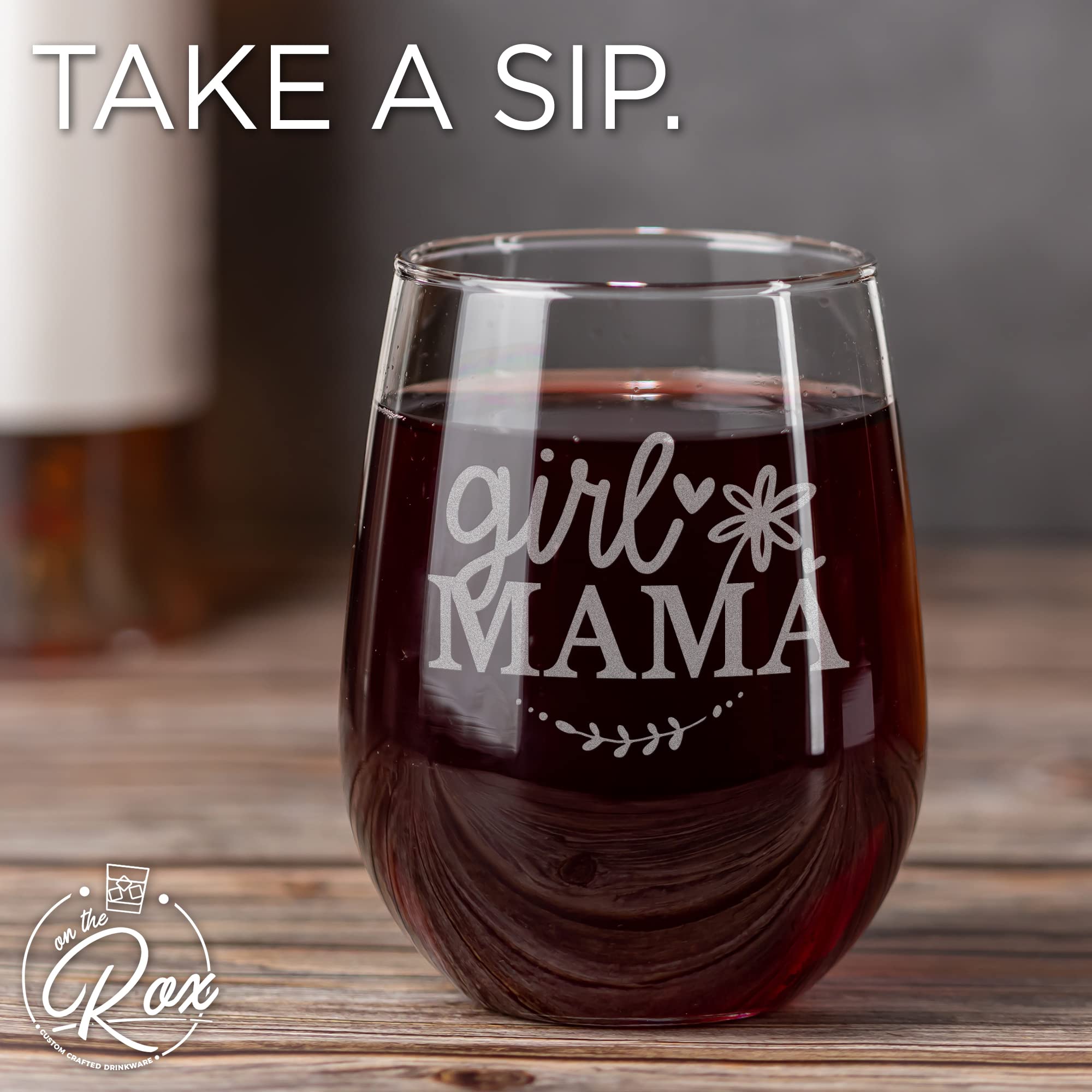 On The Rox Drinks Wine Gifts for Mom - 17Oz “Girl Mama” Engraved Stemless Wine Glass - Girl Mom Cup - Birthday, Mother’s Day Gifts for Mama - New Mom Gifts for Women