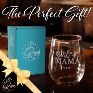 On The Rox Drinks Wine Gifts for Mom - 17Oz “Girl Mama” Engraved Stemless Wine Glass - Girl Mom Cup - Birthday, Mother’s Day Gifts for Mama - New Mom Gifts for Women