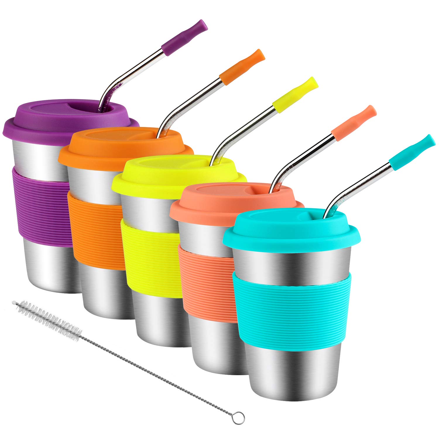 KEREDA 5 Pack 12 oz Cups Stainless Steel with Silicone Lids Straws Drinking Tumblers Eco-Friendly BPA-Free for Adults