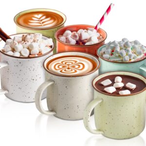 Speckled Campfire Style Mugs - Set of 6-14 oz - Cozy Colors -Coffee Cups - Camping Coffee Mugs - Ceramic | Enamel - Use for Tea/Hot Drinks