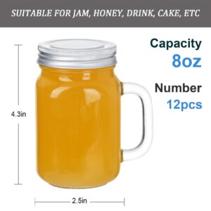 Mcupper 8oz Mason Jar Mug with Handle and Golden Lids,Set of 12 Old Fashioned Drinking Glass for Beverages, Decoration, Storage, Party Favors, Cocktails, Floats, Centerpieces and more