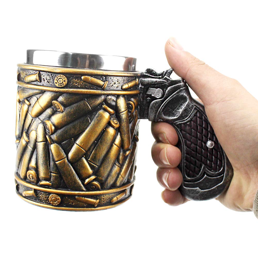 XuanAn Cool Revolver Pistol Handle Bullet Cup Beer Coffee Gun Shape Handle Mug with Ammo Bullet Round Shells Christmas Halloween Gifts, M (PJ893L)