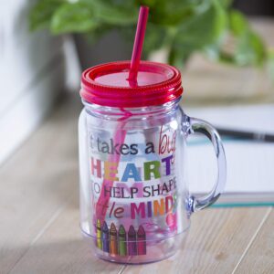 Cypress Home Teacher Appreciation 20 oz Gift Mug It Takes A Big Heart To Help Shape Little Minds | Red | Double Wall Insulated Mason Jar With Straw | 6.25-in Tall x 5-in Wide