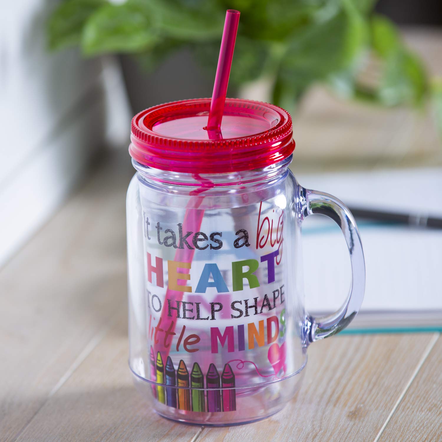 Cypress Home Teacher Appreciation 20 oz Gift Mug It Takes A Big Heart To Help Shape Little Minds | Red | Double Wall Insulated Mason Jar With Straw | 6.25-in Tall x 5-in Wide