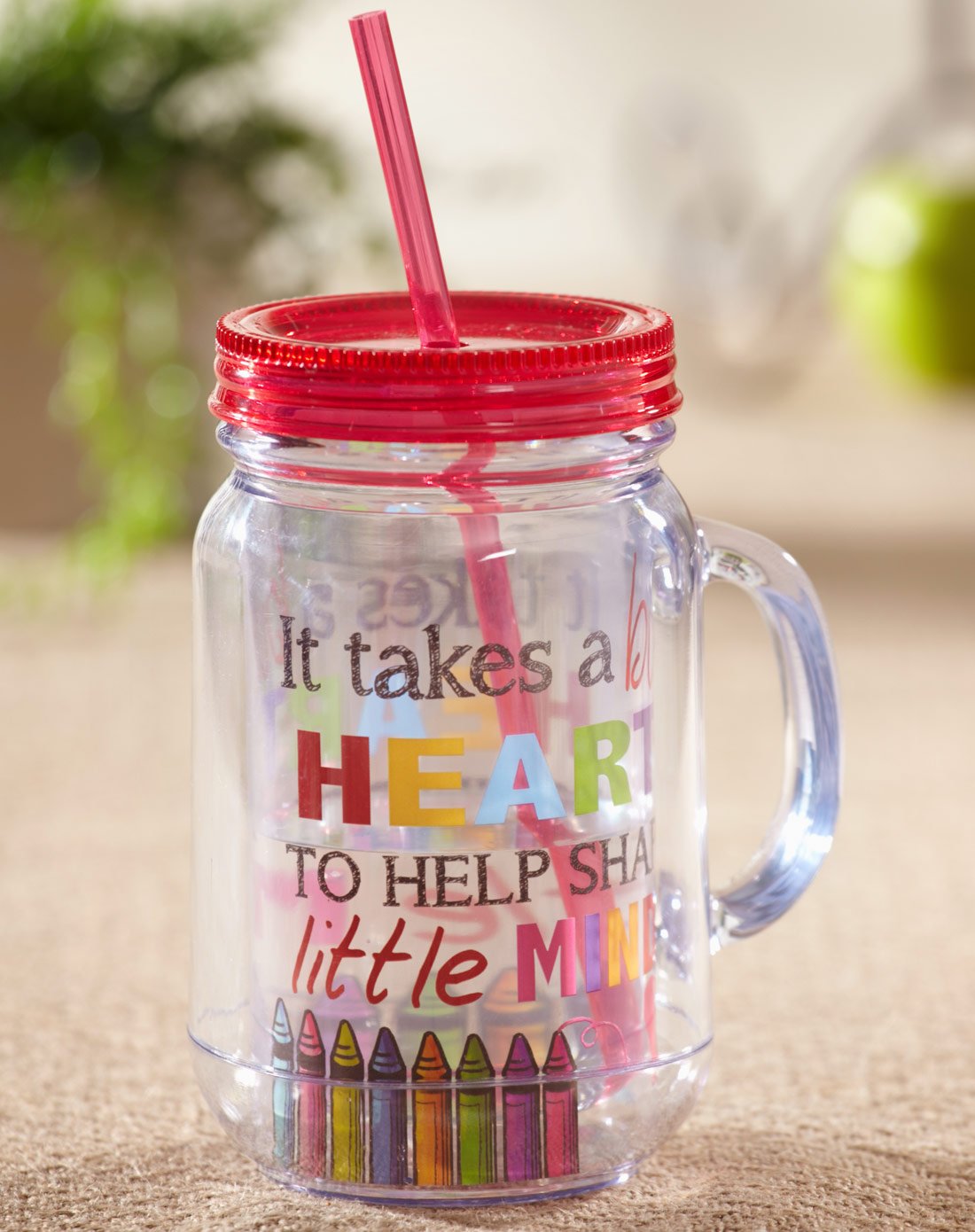 Cypress Home Teacher Appreciation 20 oz Gift Mug It Takes A Big Heart To Help Shape Little Minds | Red | Double Wall Insulated Mason Jar With Straw | 6.25-in Tall x 5-in Wide