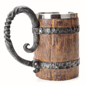 otartu vintage faux oak wood barrel beer mug, medieval retro viking stainless steel coffee cup stein tankard,17oz/500ml cup mug,unique gift