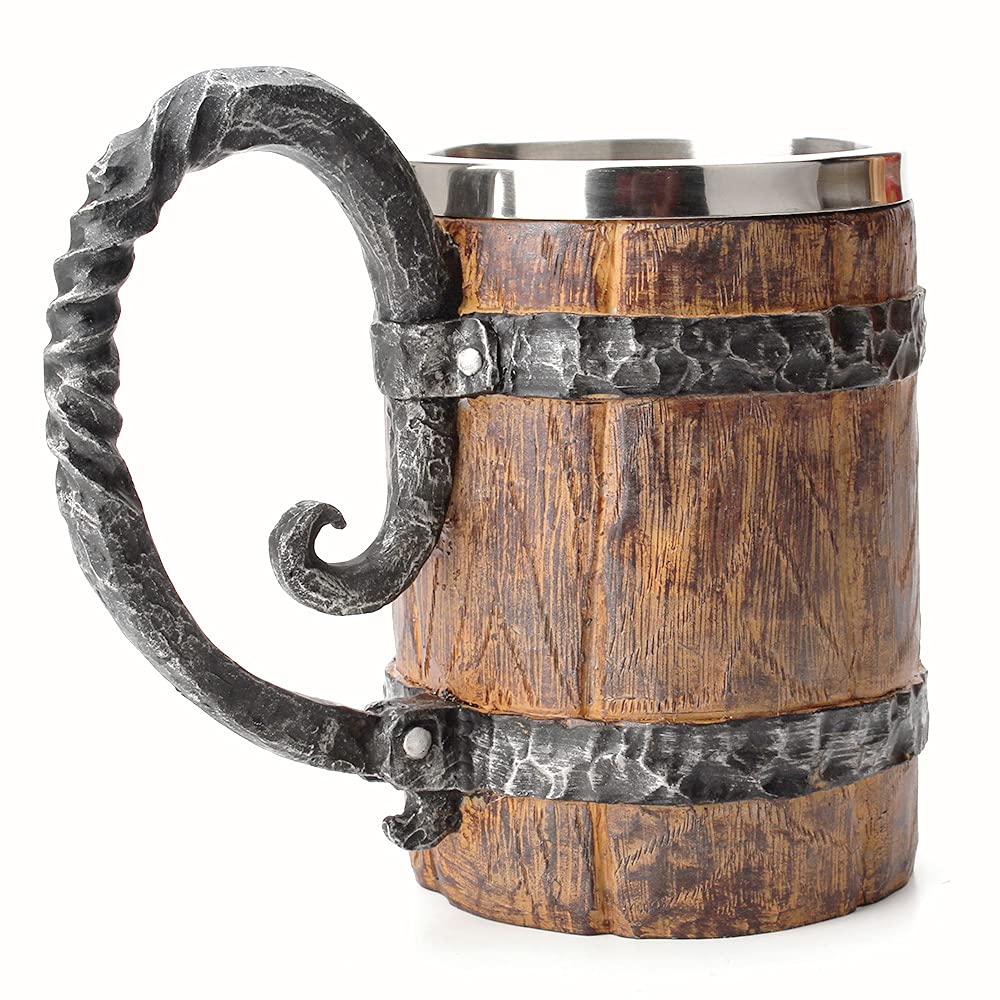 OTARTU Vintage Faux Oak Wood Barrel Beer Mug, Medieval Retro Viking Stainless Steel Coffee Cup Stein Tankard,17oz/500ML Cup Mug,Unique Gift