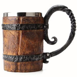 OTARTU Vintage Faux Oak Wood Barrel Beer Mug, Medieval Retro Viking Stainless Steel Coffee Cup Stein Tankard,17oz/500ML Cup Mug,Unique Gift