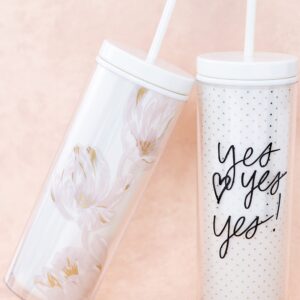 Kate Spade New York Acrylic Bridal Tumbler with Lid and Straw, 24 oz Tumbler for Bride to Be, Slim Double Wall Tumbler, Growing Tulips