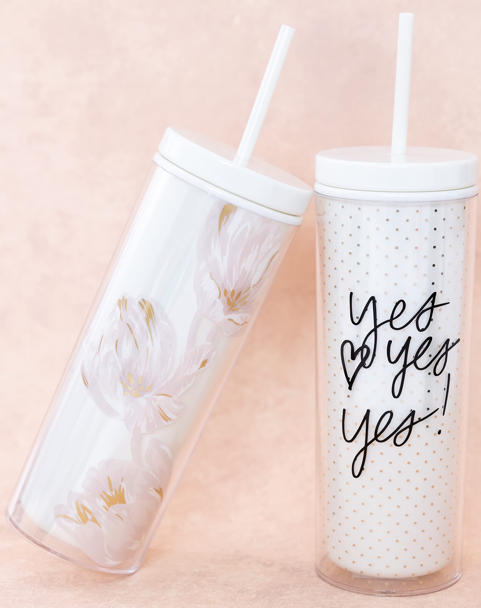 Kate Spade New York Acrylic Bridal Tumbler with Lid and Straw, 24 oz Tumbler for Bride to Be, Slim Double Wall Tumbler, Growing Tulips