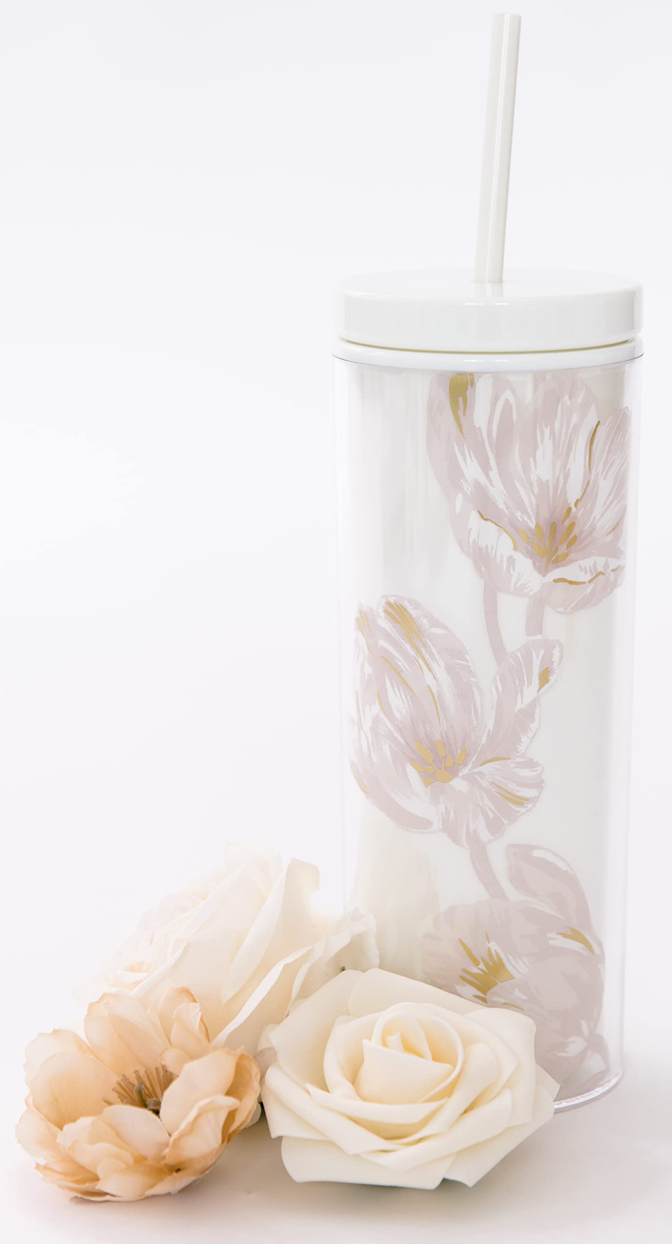 Kate Spade New York Acrylic Bridal Tumbler with Lid and Straw, 24 oz Tumbler for Bride to Be, Slim Double Wall Tumbler, Growing Tulips