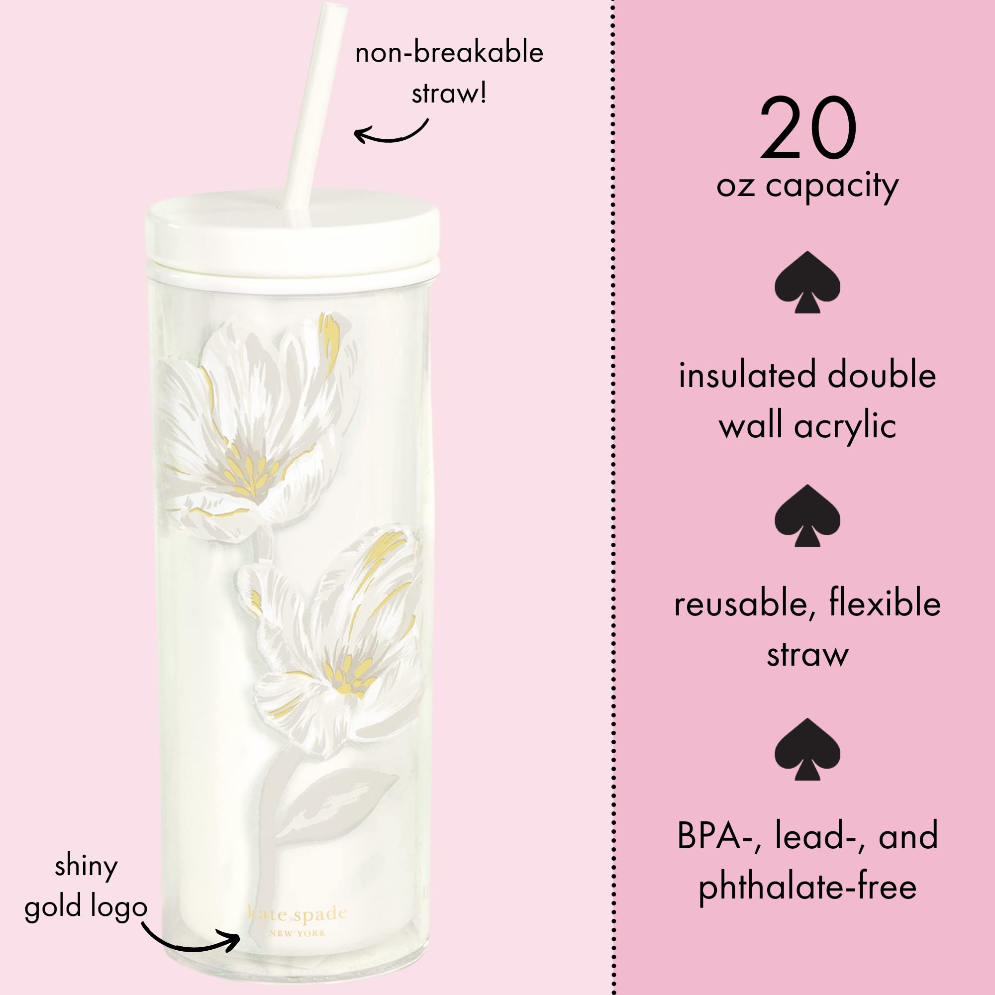 Kate Spade New York Acrylic Bridal Tumbler with Lid and Straw, 24 oz Tumbler for Bride to Be, Slim Double Wall Tumbler, Growing Tulips