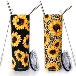 CHIUTUUY 2 Pack 20 oz Stainless Steel Skinny Sunflowers Tumblers Double Wall Vacuum Insulated Water Tumbler Cups with Lids, Straws and Cleaning Brush