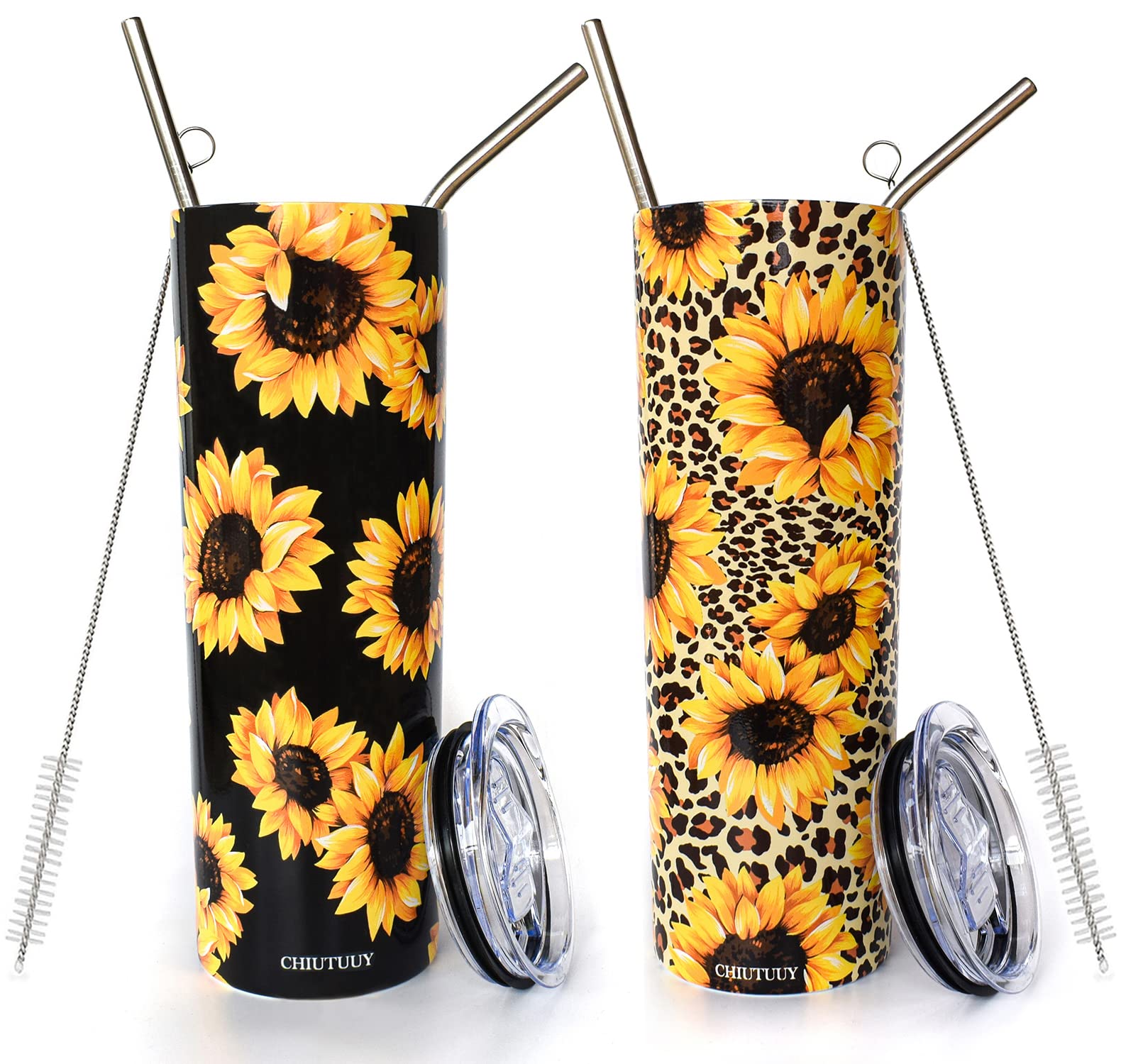 CHIUTUUY 2 Pack 20 oz Stainless Steel Skinny Sunflowers Tumblers Double Wall Vacuum Insulated Water Tumbler Cups with Lids, Straws and Cleaning Brush