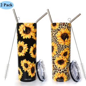 CHIUTUUY 2 Pack 20 oz Stainless Steel Skinny Sunflowers Tumblers Double Wall Vacuum Insulated Water Tumbler Cups with Lids, Straws and Cleaning Brush