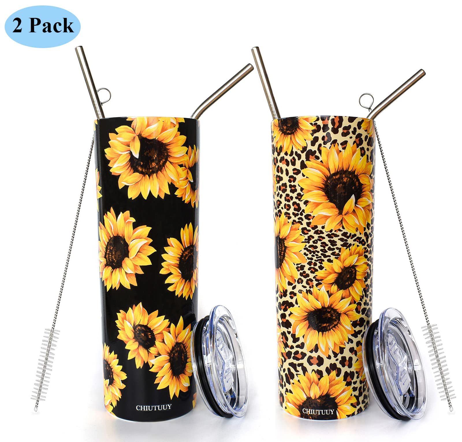 CHIUTUUY 2 Pack 20 oz Stainless Steel Skinny Sunflowers Tumblers Double Wall Vacuum Insulated Water Tumbler Cups with Lids, Straws and Cleaning Brush