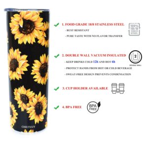 CHIUTUUY 2 Pack 20 oz Stainless Steel Skinny Sunflowers Tumblers Double Wall Vacuum Insulated Water Tumbler Cups with Lids, Straws and Cleaning Brush