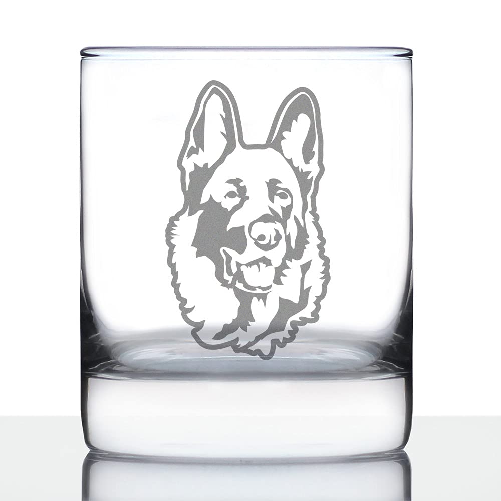 German Shepherd Happy Face - Fun Whiskey Rocks Glass Gifts for Men & Women - Unique Whisky Drinking Tumbler Decor