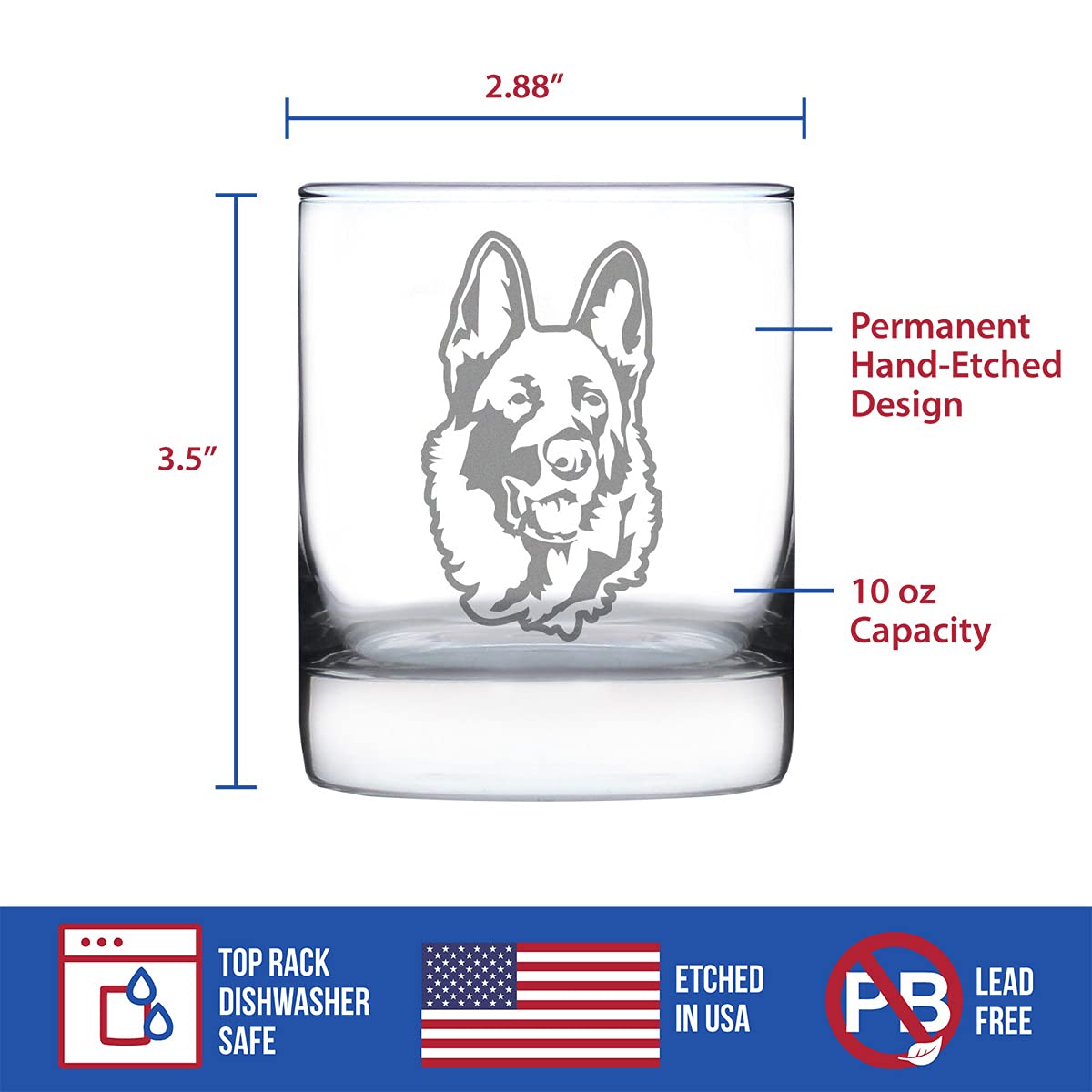 German Shepherd Happy Face - Fun Whiskey Rocks Glass Gifts for Men & Women - Unique Whisky Drinking Tumbler Decor