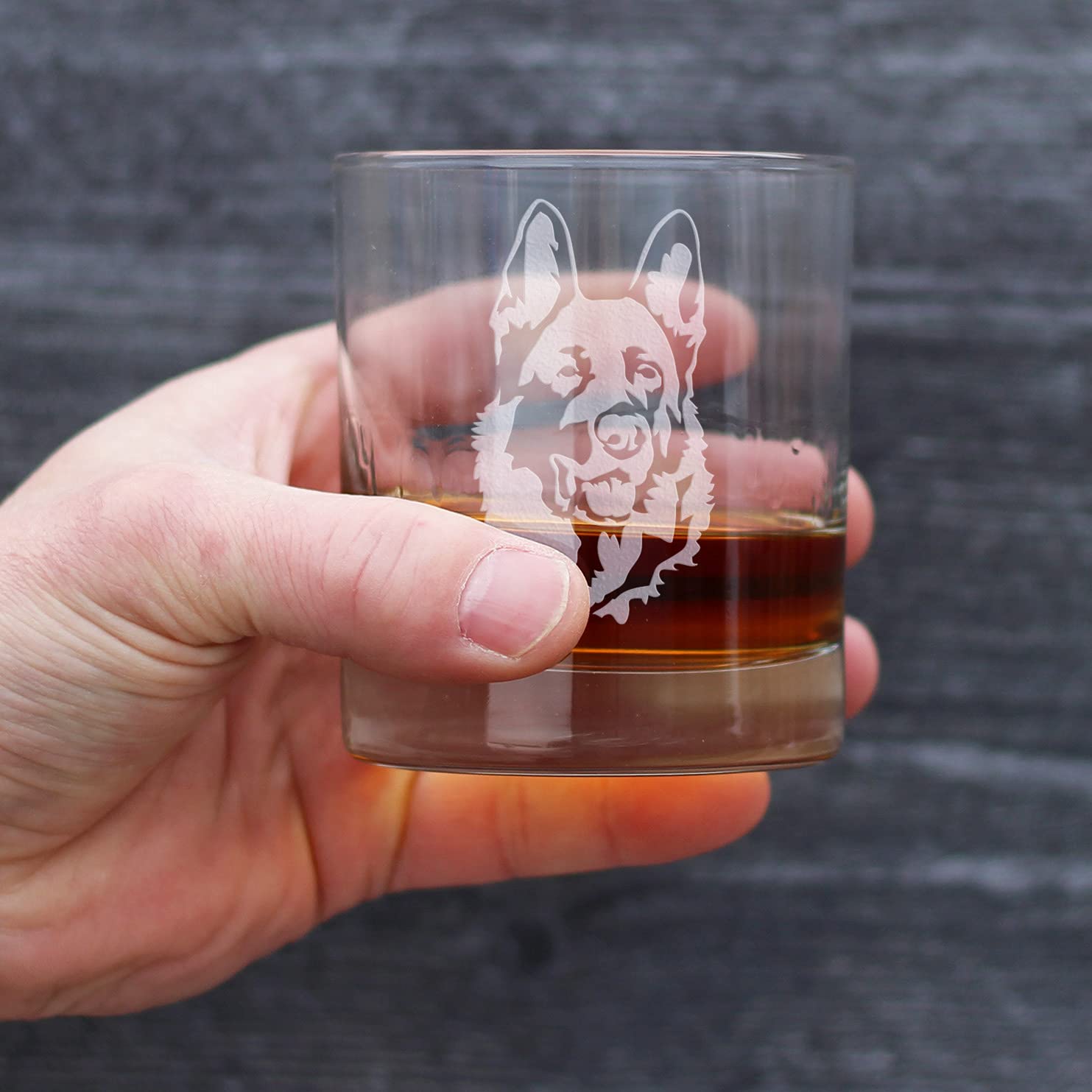 German Shepherd Happy Face - Fun Whiskey Rocks Glass Gifts for Men & Women - Unique Whisky Drinking Tumbler Decor