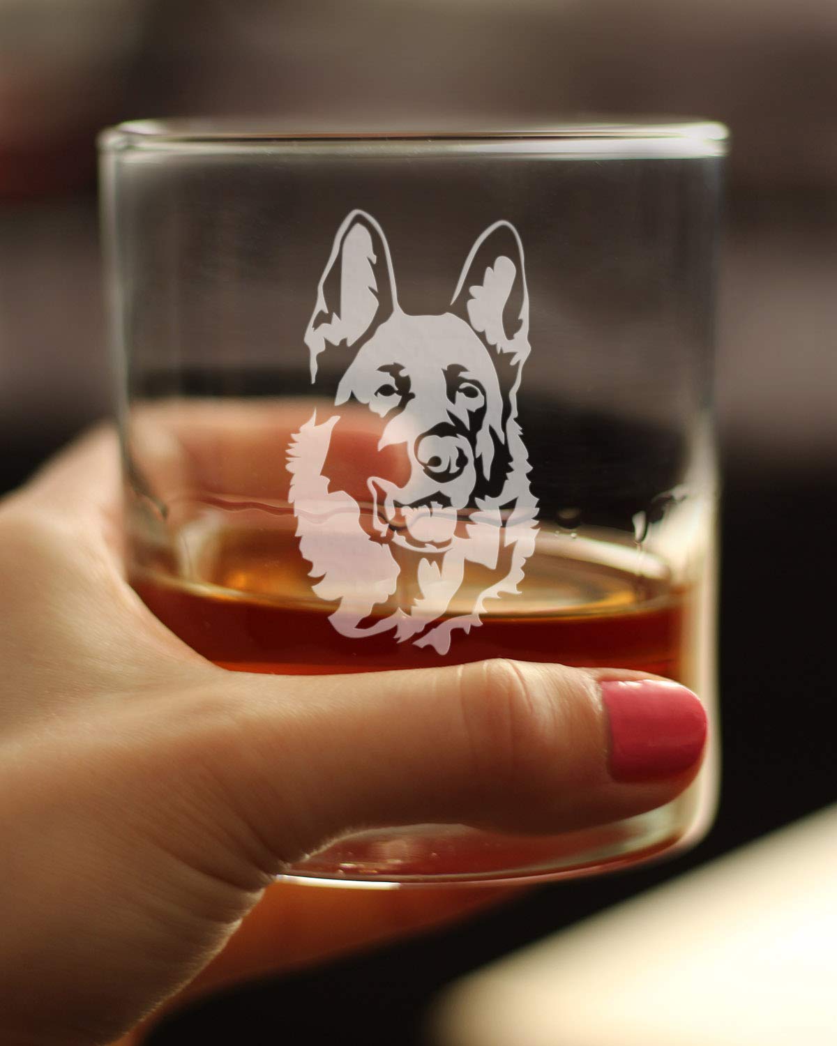 German Shepherd Happy Face - Fun Whiskey Rocks Glass Gifts for Men & Women - Unique Whisky Drinking Tumbler Decor