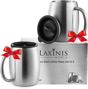 laxinis world stainless steel coffee mugs with spill resistant lids, 14 oz double walled insulated coffee, tea or beer cups, set of 2