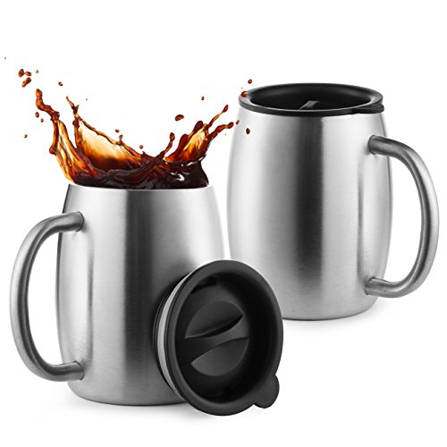 Laxinis World Stainless Steel Coffee Mugs with Spill Resistant Lids, 14 Oz Double Walled Insulated Coffee, Tea or Beer Cups, Set of 2