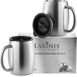 Laxinis World Stainless Steel Coffee Mugs with Spill Resistant Lids, 14 Oz Double Walled Insulated Coffee, Tea or Beer Cups, Set of 2