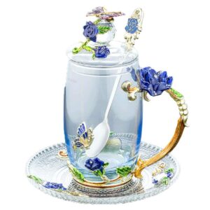 glass tea cup coffee mug, handicraft 3d vintage flower cup with lid coaster and tea spoon, unique butterfly and blue rose enamel design, best gift decoration (350ml, 11.84 oz)