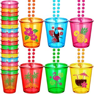 12 pcs hawaiian luau shot glasses bead necklace hawaiian aloha party necklace cups flamingo hibiscus shot glass beaded necklace plastic shot glasses necklace for hawaiian, summer tiki party supplies