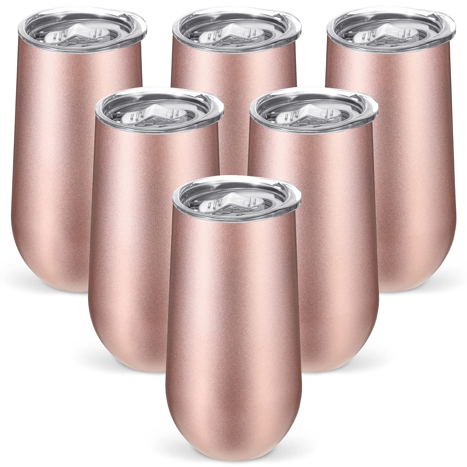 Maxdot 6 Pieces Stemless Champagne Flutes Double-insulated Champagne Tumbler with Lips, 6 OZ Stainless Steel Unbreakable Cocktail Cups for Coffee Wine Glass Tumbler (Rose Gold)