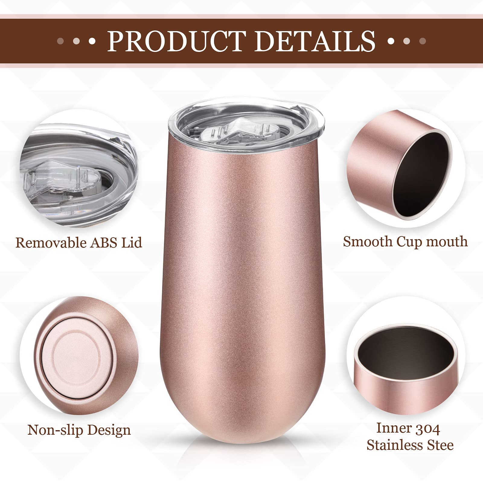 Maxdot 6 Pieces Stemless Champagne Flutes Double-insulated Champagne Tumbler with Lips, 6 OZ Stainless Steel Unbreakable Cocktail Cups for Coffee Wine Glass Tumbler (Rose Gold)