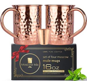 moscow-mix moscow mule mugs set of 2 copper cups - 100% copper mugs for moscow mules and whisky mules - hammered copper cups includes copper shot glass for party - includes premium gift box