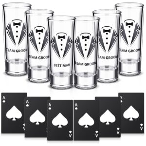 6 pcs groomsmen shot glasses and 6 pcs ace of spades bottle opener 2 oz tuxedo printed groomsmen shot glasses set of 6 groomsmen proposal gifts bachelor party supplies for wedding party favor gifts