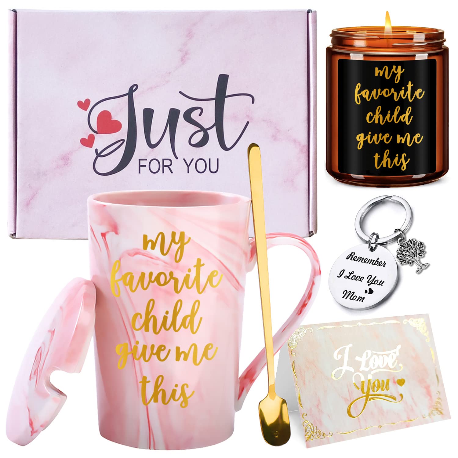 LOZACHE Mothers Day Mom Gifts Set for Women, My Favorite Child Give Me This Coffee Mug, Scented Candle, Keychain and Greeting Card, Mothers Day Birthday Gifts from Daughter Son