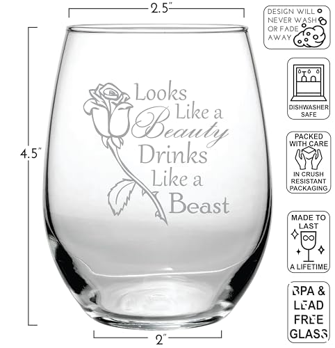 Looks Like a Beauty, Drinks Like a Beast - 15 oz Stemless Glass - Funny birthday Gift - Beauty and the Beast Fairytale Inspired - 21st Birthday Gifts - Original Christmas, Anniversary, Bachelorette