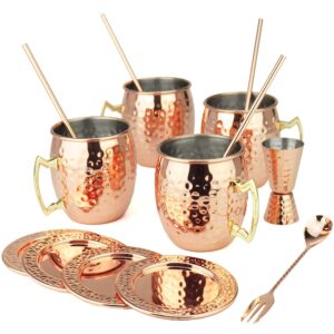 pg moscow mule/cocktail bar set, 15-pc copper/rose gold color, high grade ss, w/4x moscow mule mugs, 4x straws w/cleaner, 4x real stainless coasters, 1x double-jigger 1x double-head stirrer