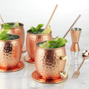 PG Moscow Mule/Cocktail Bar Set, 15-pc Copper/Rose Gold Color, High Grade SS, w/4x Moscow Mule Mugs, 4x Straws w/cleaner, 4x REAL STAINLESS Coasters, 1x Double-Jigger 1x Double-head Stirrer