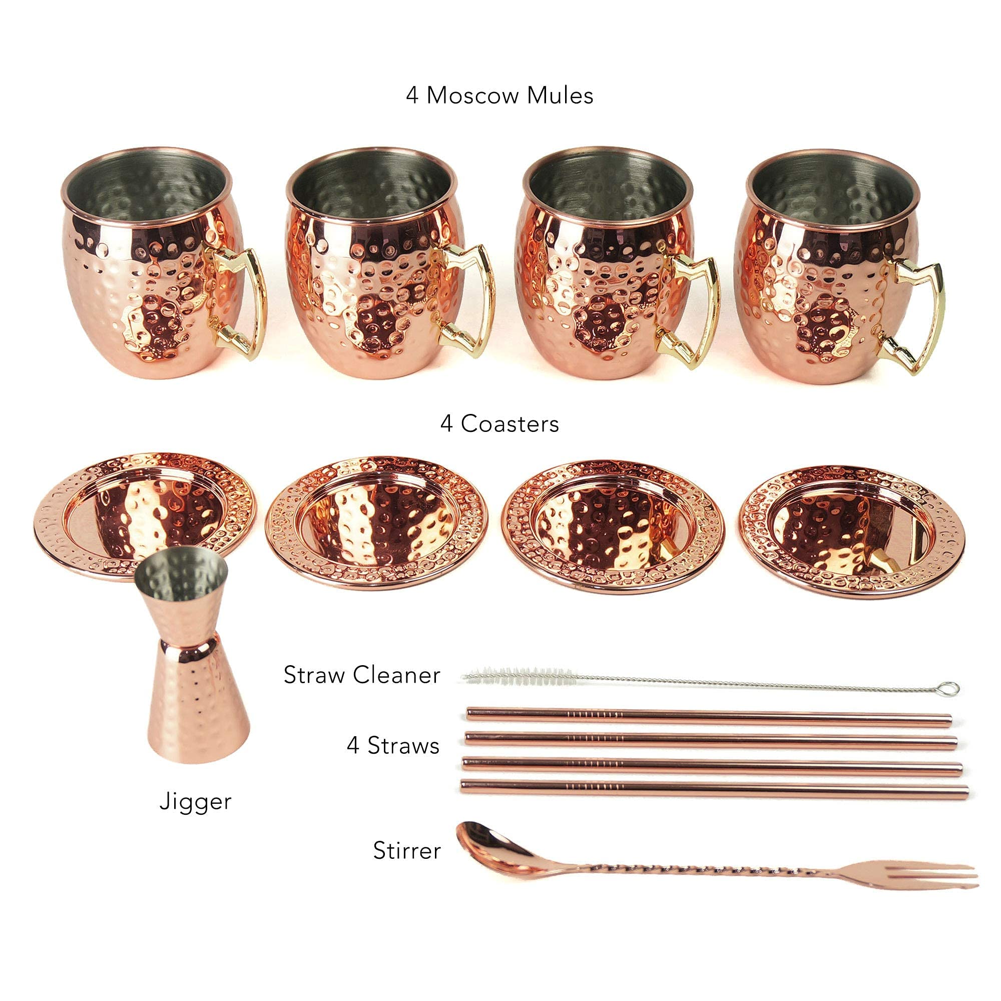 PG Moscow Mule/Cocktail Bar Set, 15-pc Copper/Rose Gold Color, High Grade SS, w/4x Moscow Mule Mugs, 4x Straws w/cleaner, 4x REAL STAINLESS Coasters, 1x Double-Jigger 1x Double-head Stirrer