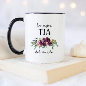 YouNique Designs La Mejor Tia – Portable Coffee Mugs 11 Oz Aunt Gifts from Niece, Nephew, Best Aunt Ever Gifts, Christmas, Birthday Gifts for Aunt Ceramic Coffee Cup & Tea Mug (Black Handle)