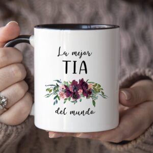 YouNique Designs La Mejor Tia – Portable Coffee Mugs 11 Oz Aunt Gifts from Niece, Nephew, Best Aunt Ever Gifts, Christmas, Birthday Gifts for Aunt Ceramic Coffee Cup & Tea Mug (Black Handle)